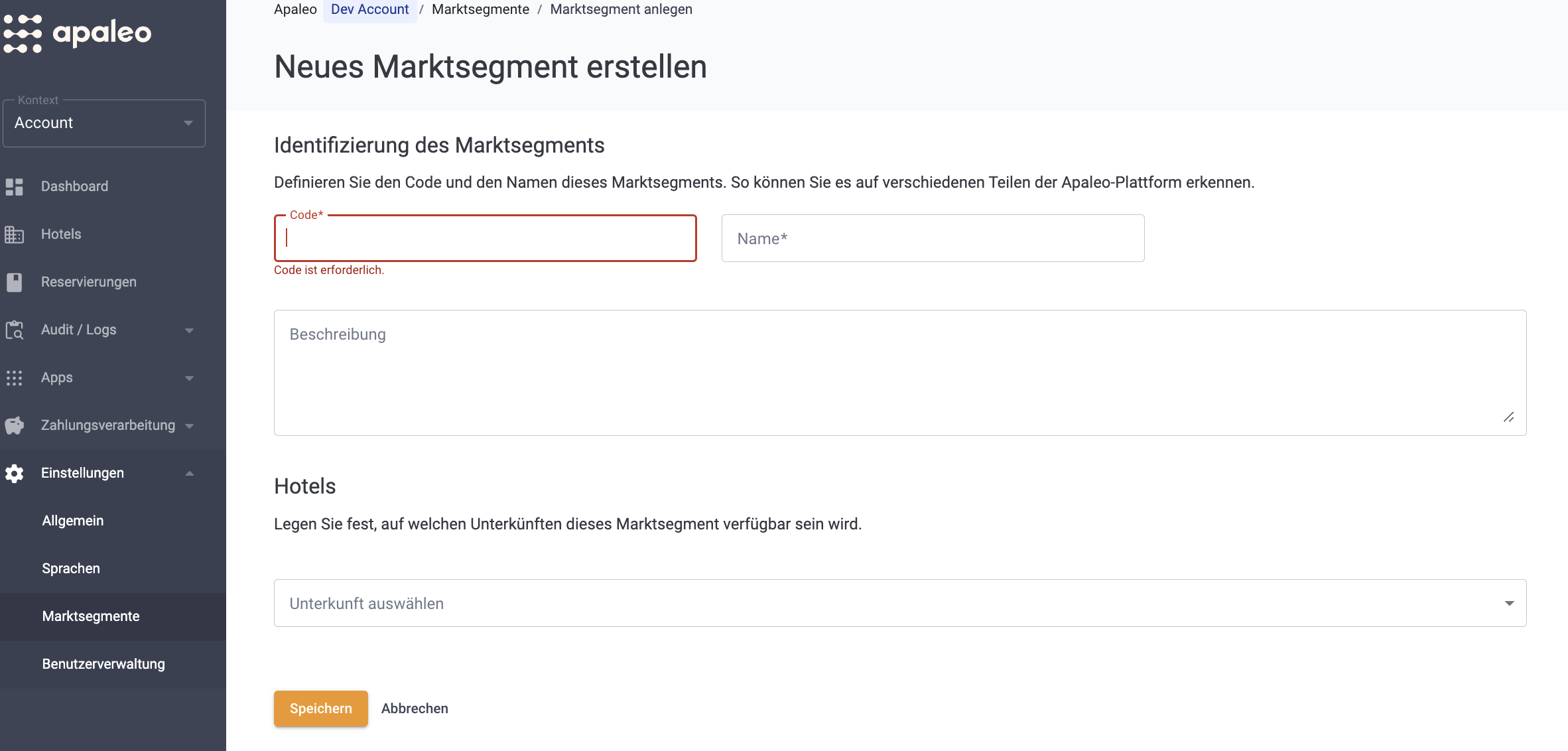 Setup von Marktsegmenten – Apaleo Help Center