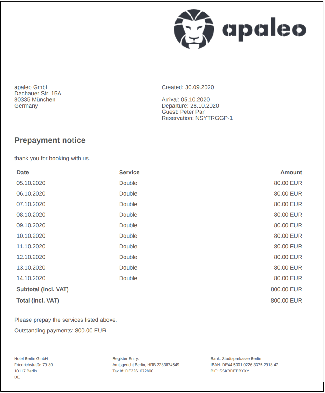 Prepayment Notice & Advance Invoice – Apaleo Help Center